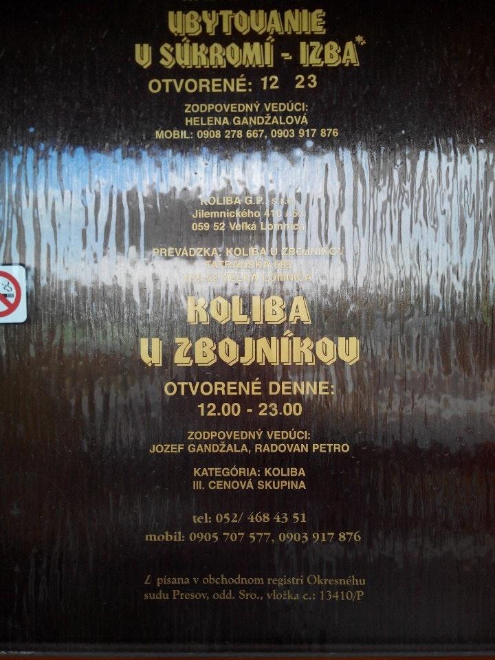 Menu at Koliba U zbojníkov restaurant, Veľká Lomnica