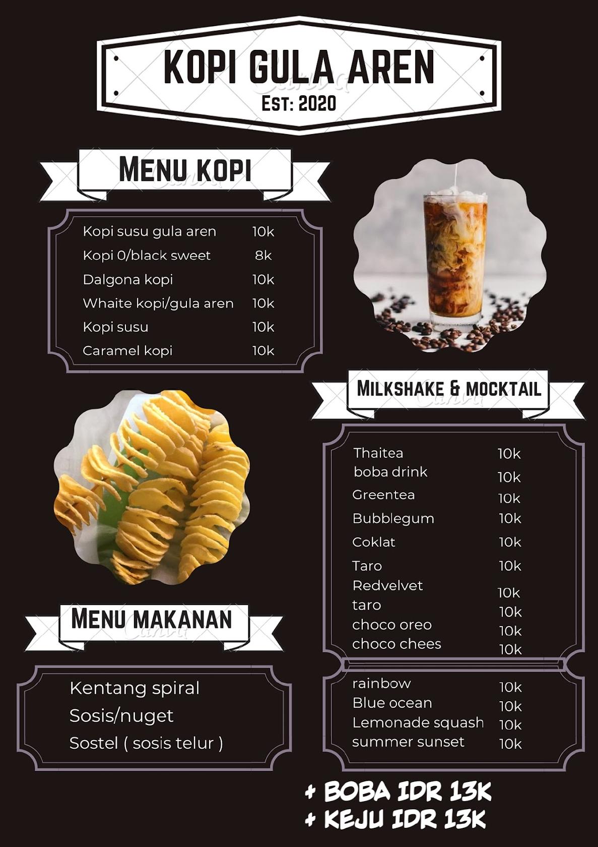 Menu at Kopi gula aren, Manggar