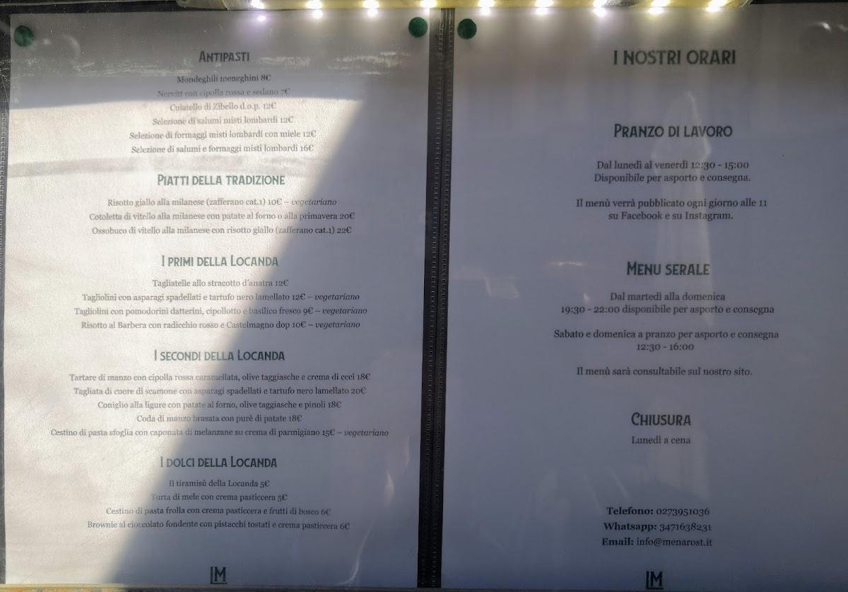 Menu at Locanda del Menarost restaurant, Milan