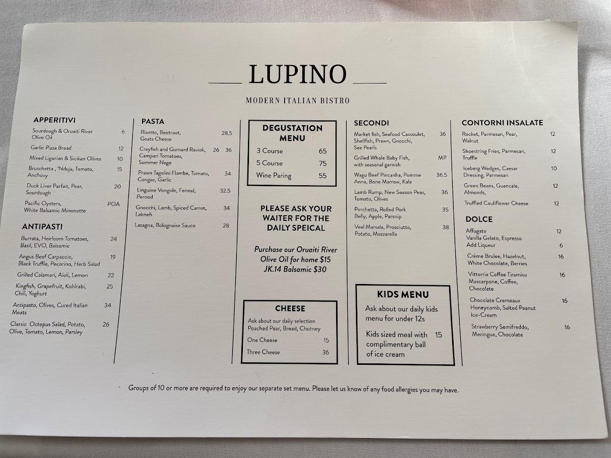 Menu at Lupino restaurant, Auckland