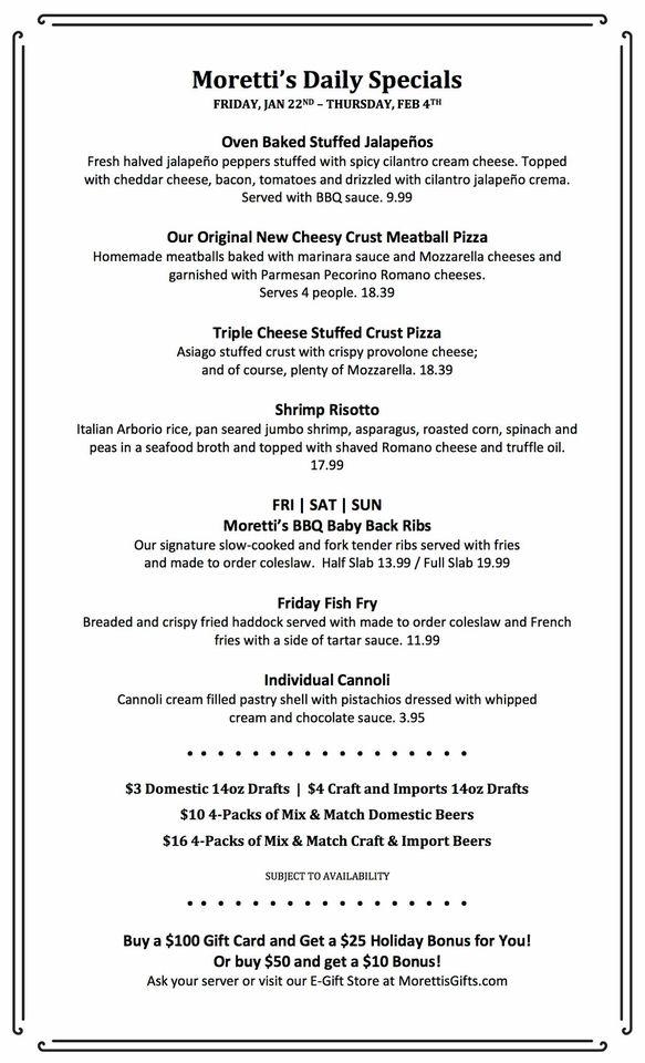 Menu at Moretti's Ristorante & Pizzeria Morton Grove, Morton Grove