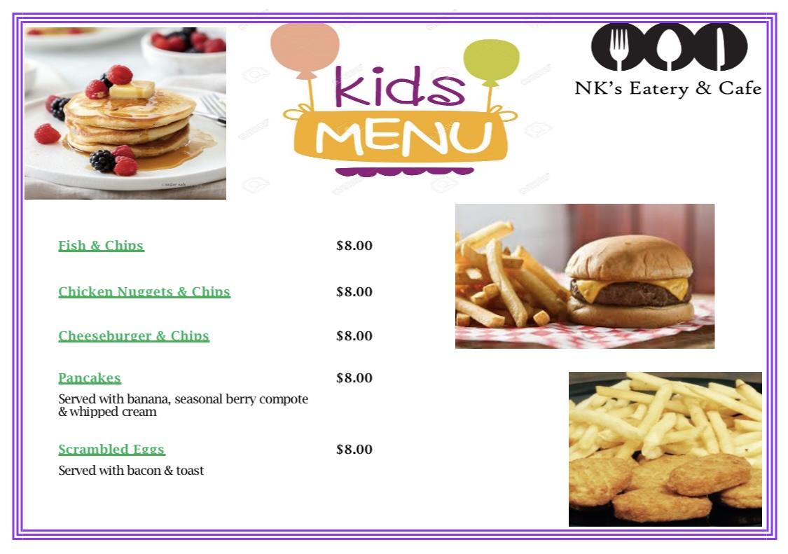 Menu at NK’s Eatery & Café cafe, Auckland