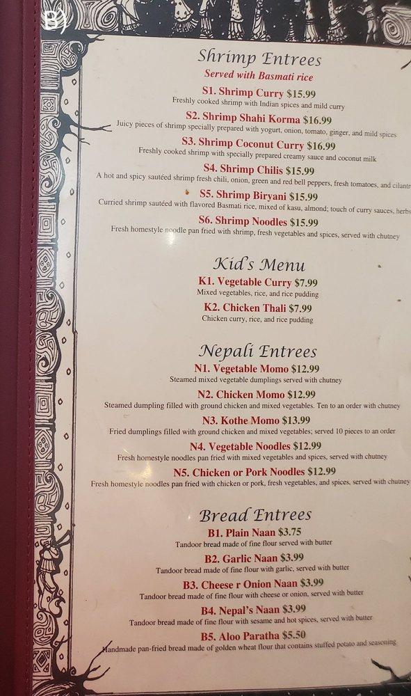 Menu at Nepal's Cafe, Estes Park