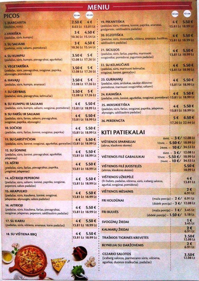 Carta de pizzería Pica Jonavoje, Jonava