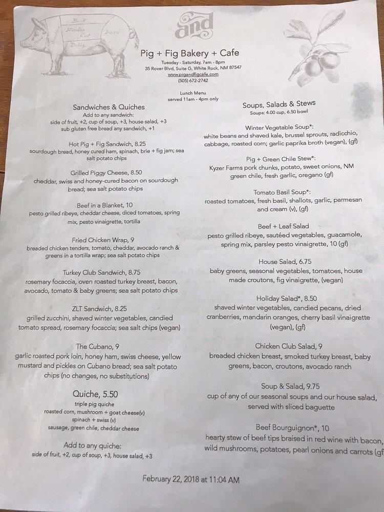 Menu at Pig and Fig Cafe, White Rock