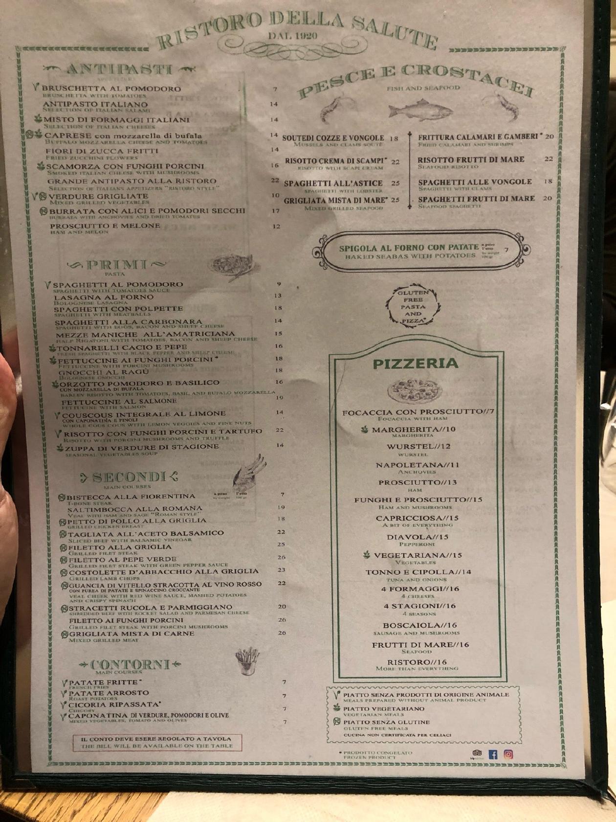 Menu at Ristoro Della Salute restaurant, Rome