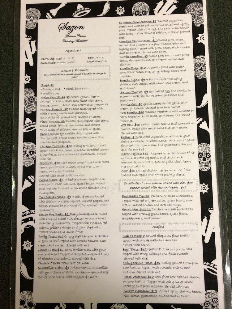 Menu at Sazon Mexican Cuisine restaurant, Cullowhee