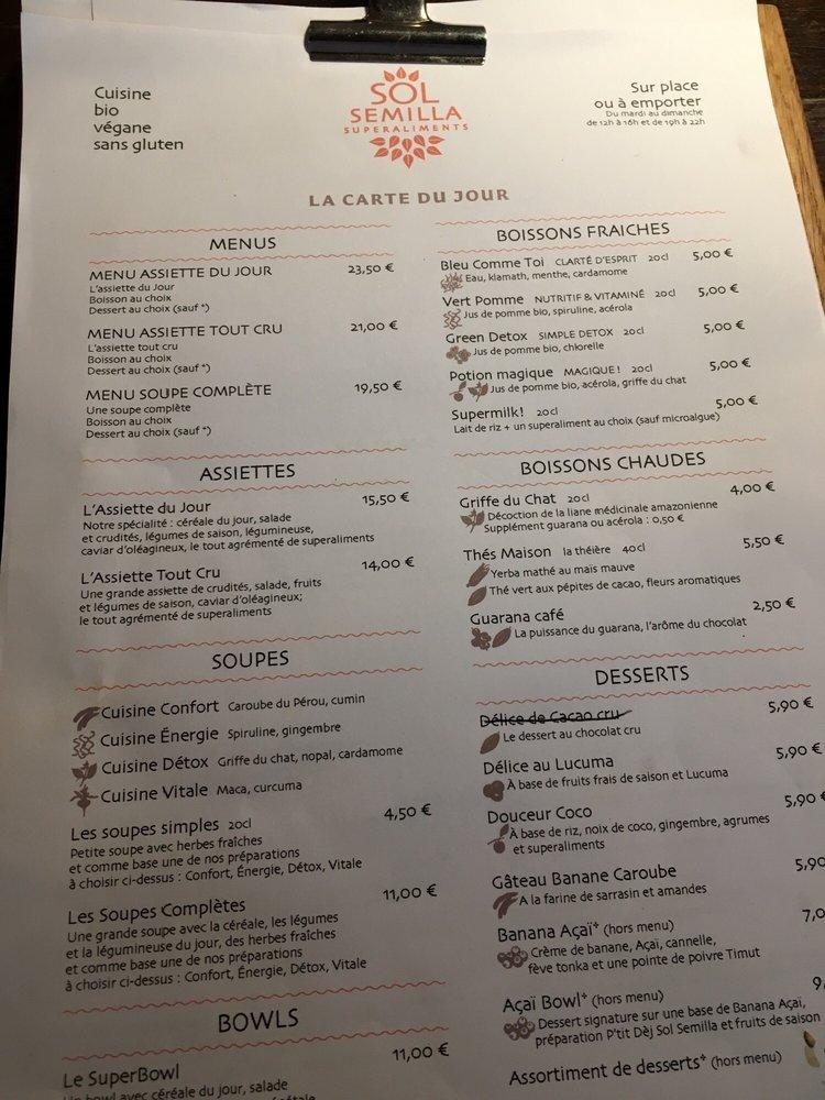 Menu at Sol Semilla restaurant, Paris