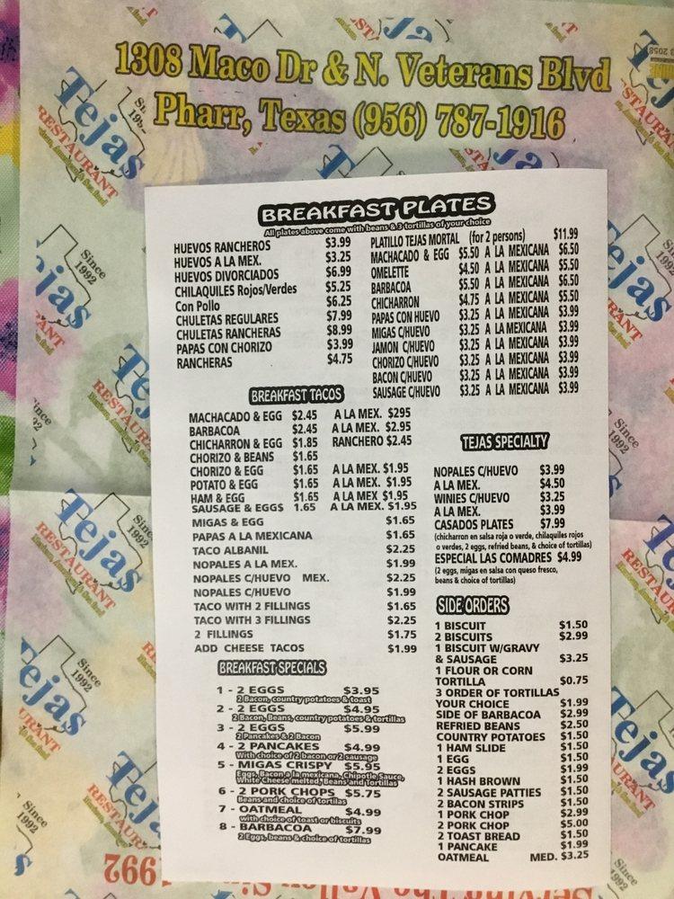 Menu at Tejas Restaurant, Pharr