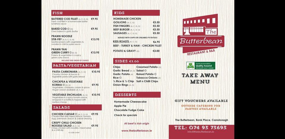 Menu at The Butterbean Restaurant & B&B., Carndonagh