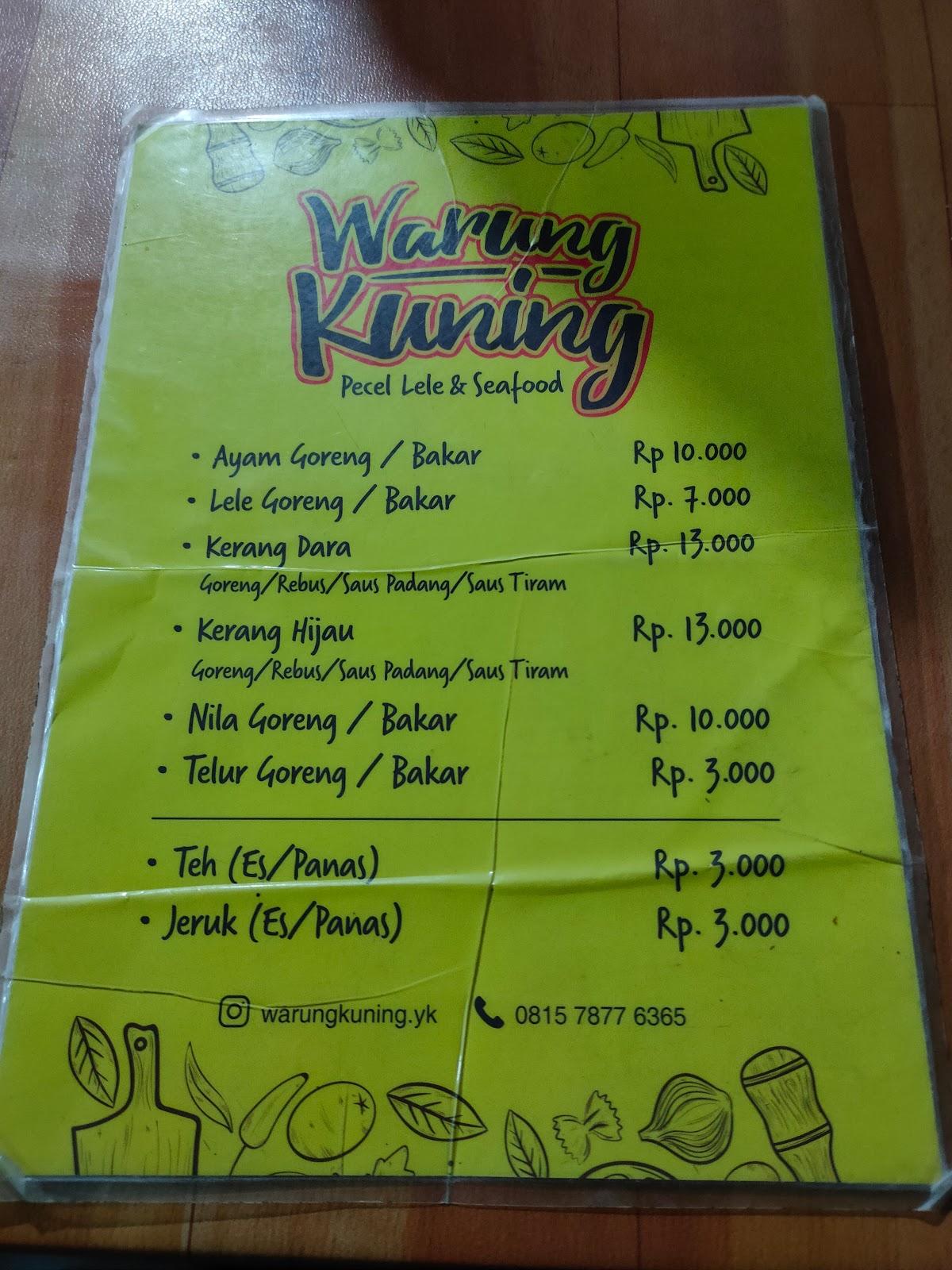 Menu at Warung Kuning restaurant, Tamanmartani