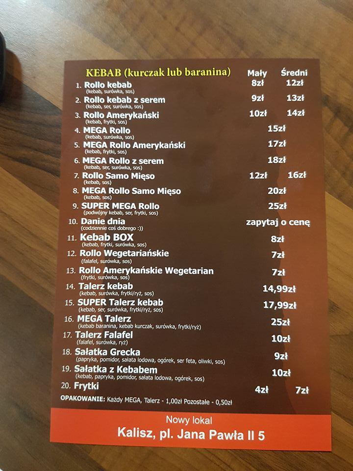 Menu at Zahir Kebab restaurant, Kalisz