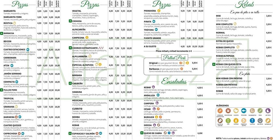 Menu at Alberto’s Pizza restaurant, Alfacar
