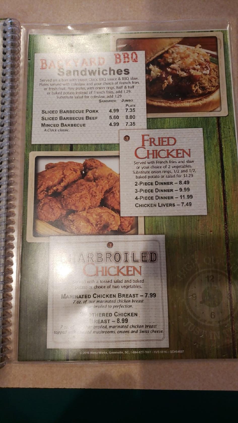 Menu at Clock Restaurant, Greer
