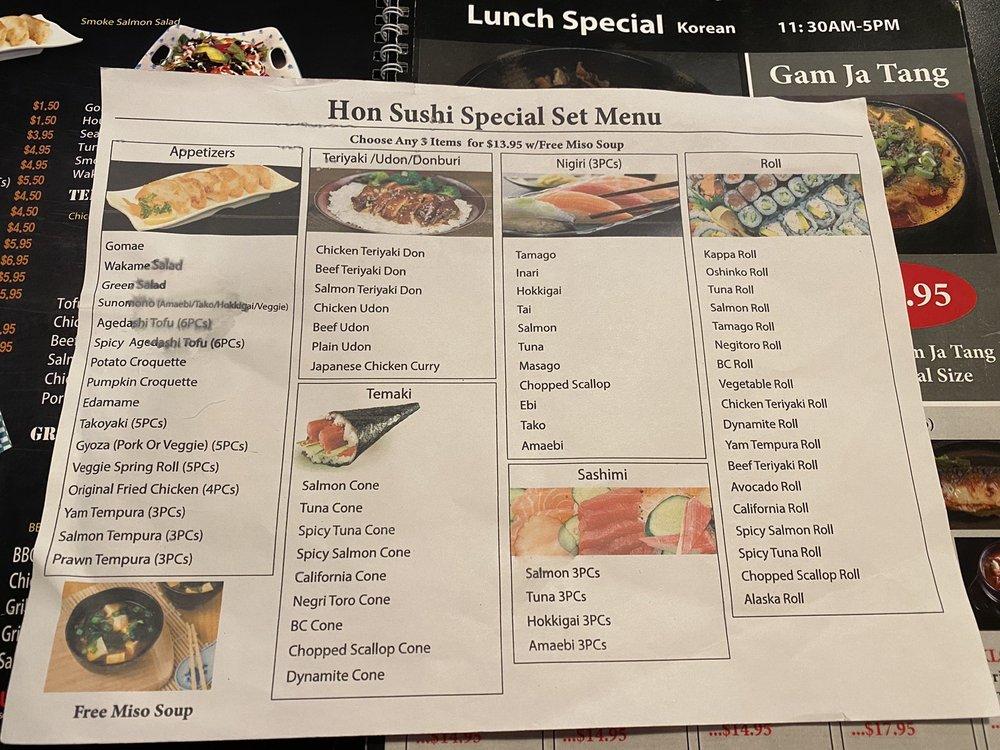 Menu at Hon Sushi restaurant, Burnaby