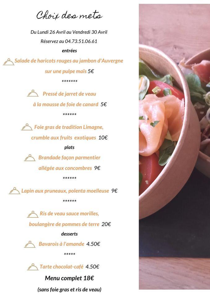 Menu au le choix des mets restaurant, Thiers