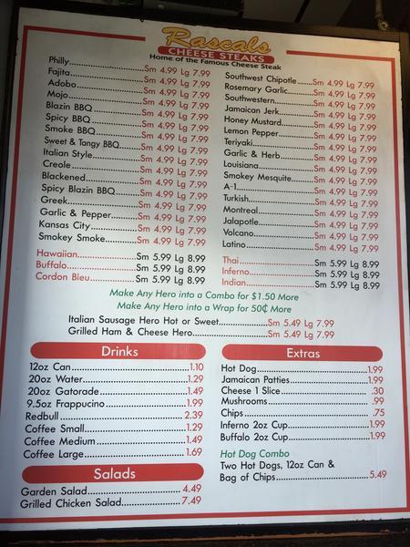 Menu at Rascals restaurant, Whitehall
