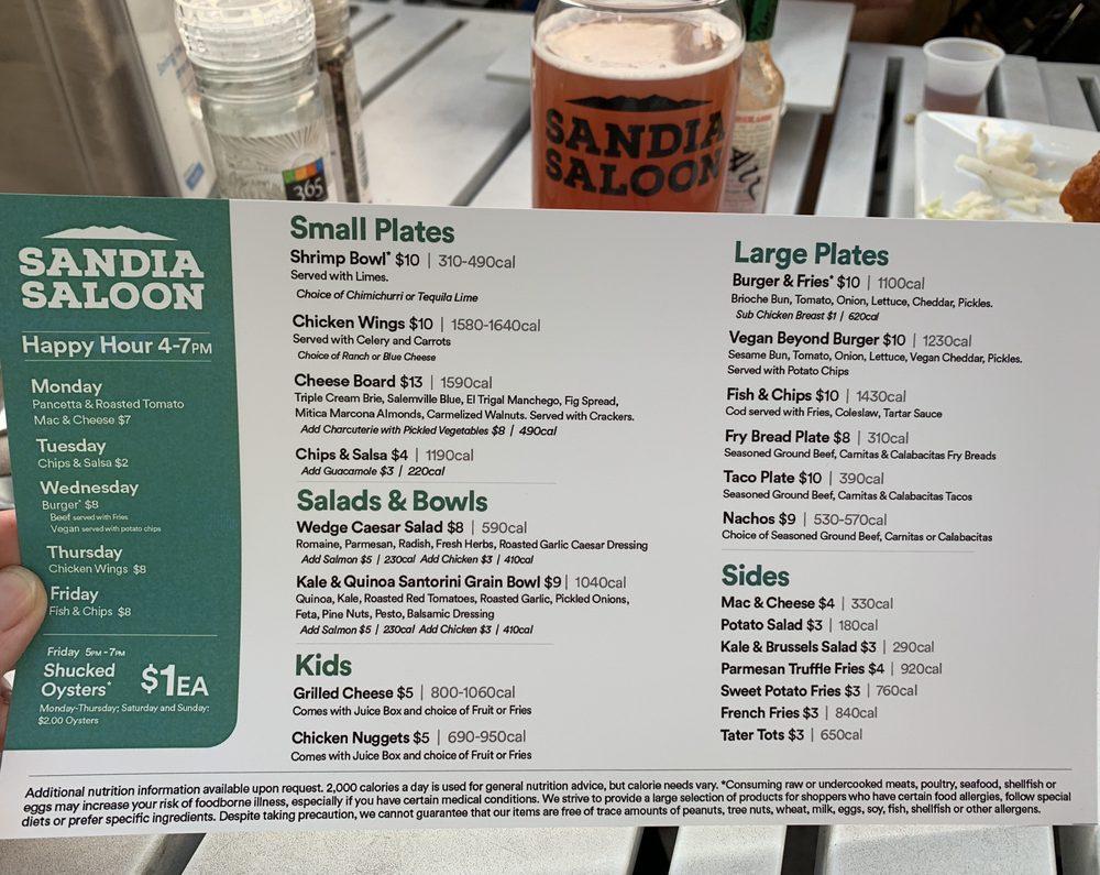 Menu at Sandia Saloon pub & bar, Albuquerque, Wyoming Blvd NE