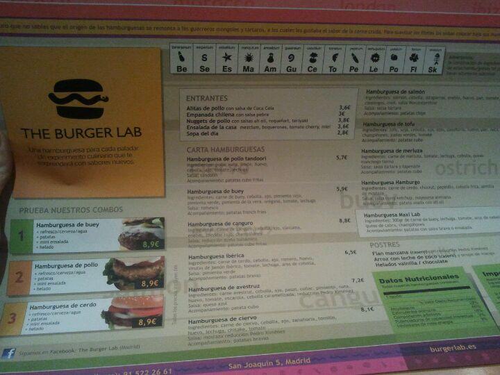 Menu at The Burger Lab restaurant, Madrid