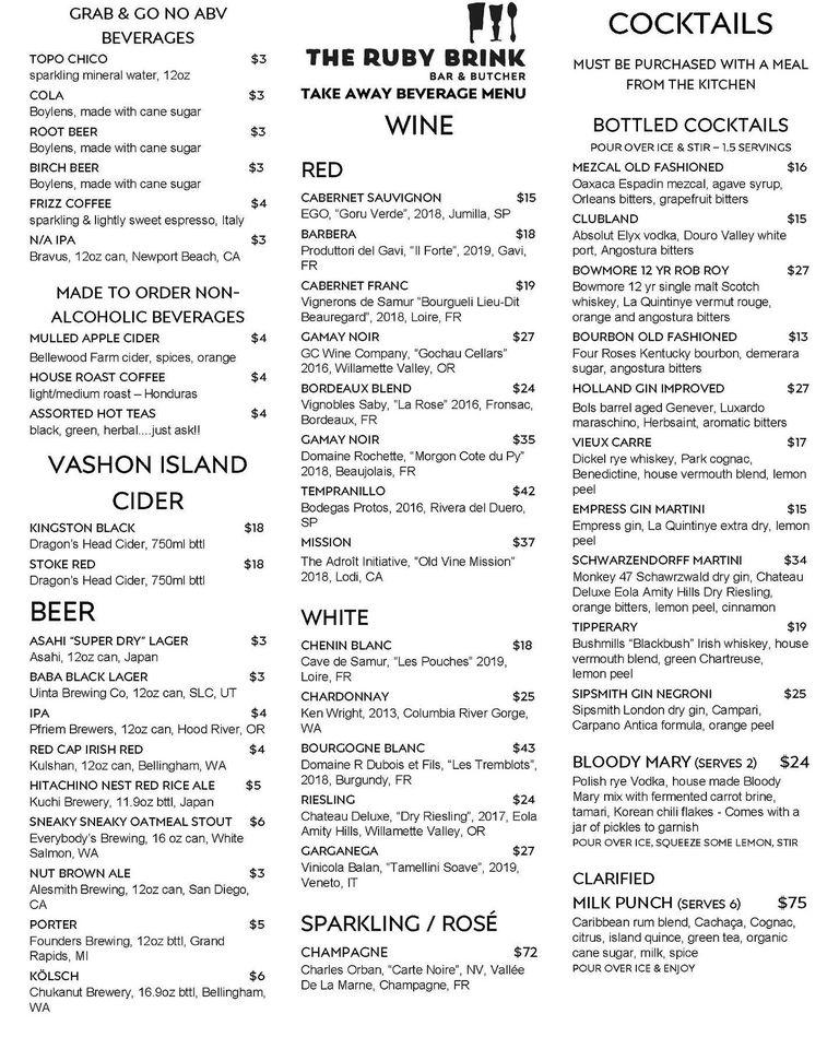 Menu at The Ruby Brink pub & bar, Vashon