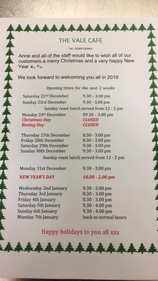 Menu at The Vale Cafe, Rothbury