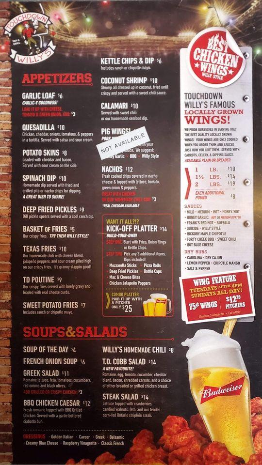 Menu at Touchdown Willy's Tap & Grill pub & bar, Smithville