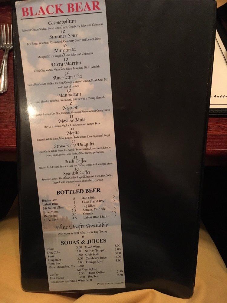 Menu at Black Bear Restaurant, Lake Placid