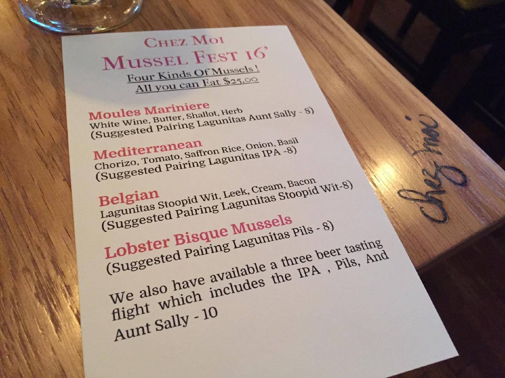Menu at Chez Moi restaurant, Chicago