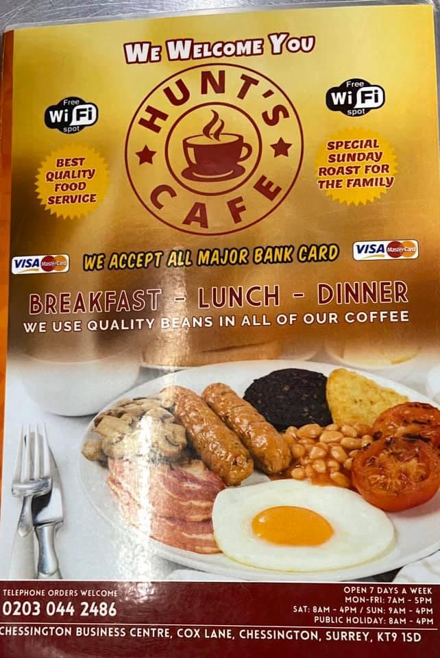 Menu at Hunt's Cafe, Chessington, chessington Business Centre