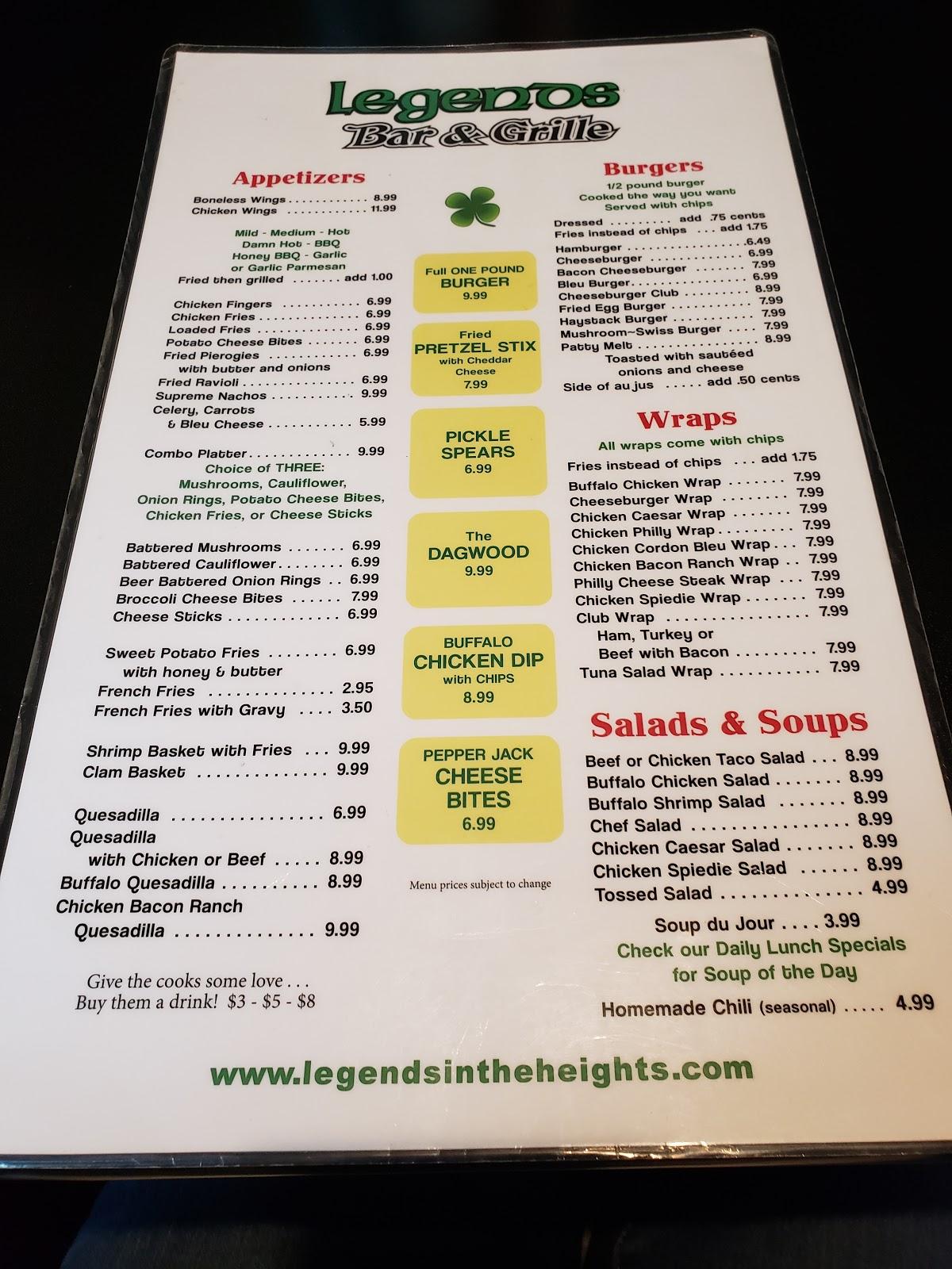 Menu at Legends pub & bar, Elmira Heights