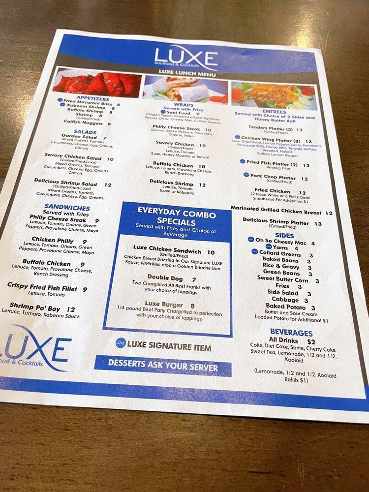 Menu at Luxe Soulfood & Cocktails restaurant, Greensboro
