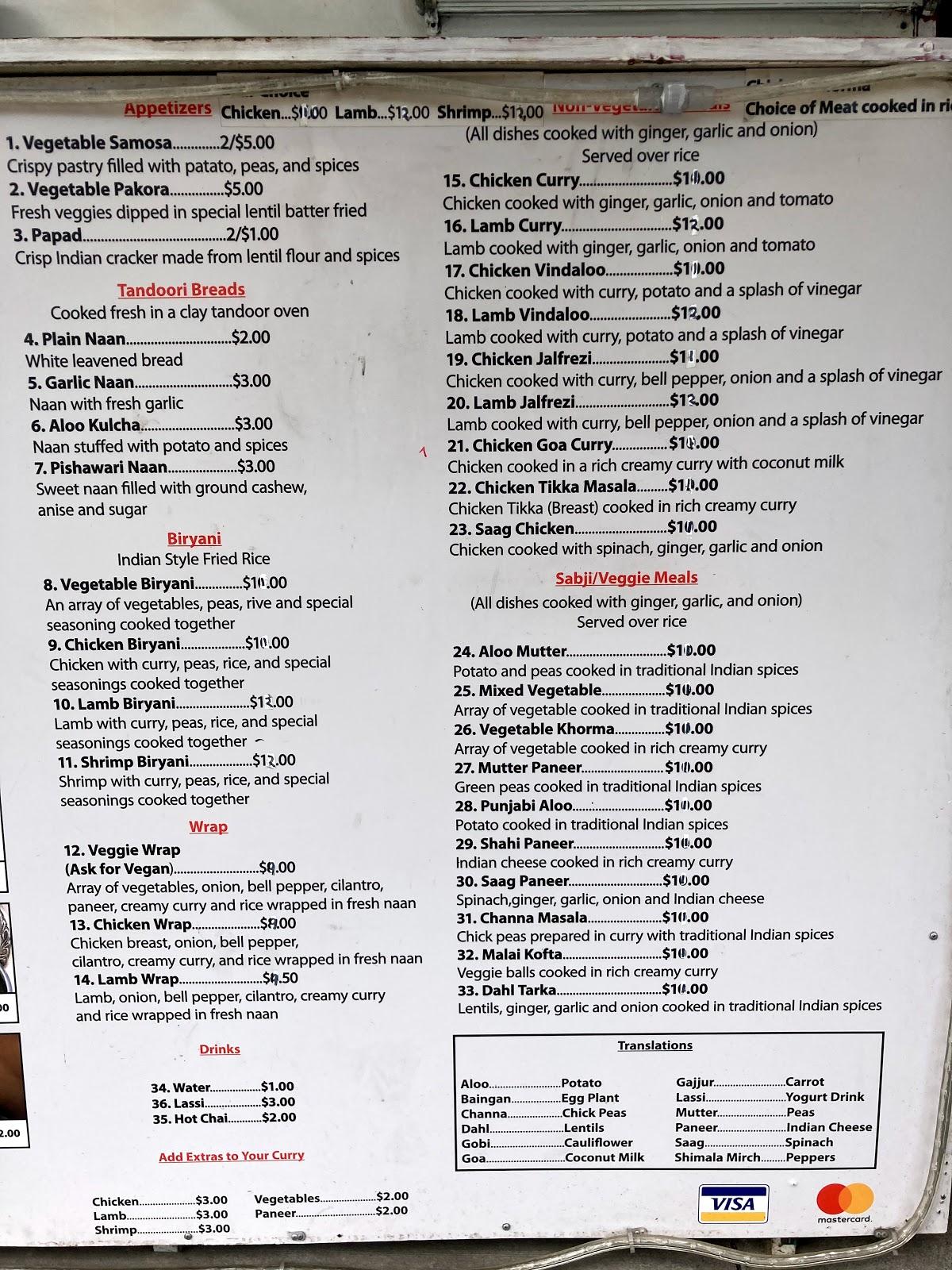 Menu at Old Taste of India restaurant, Portland, SW 4th Ave