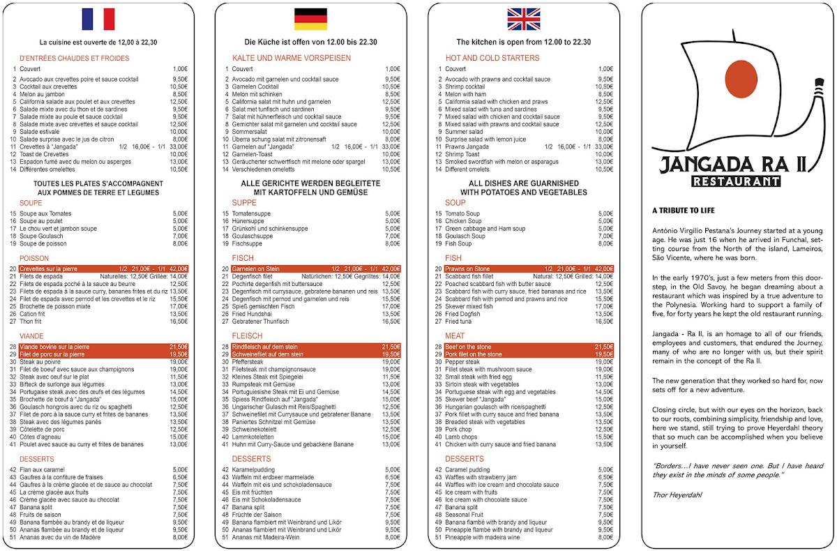 Menu at Restaurante Jangada RA II, Funchal