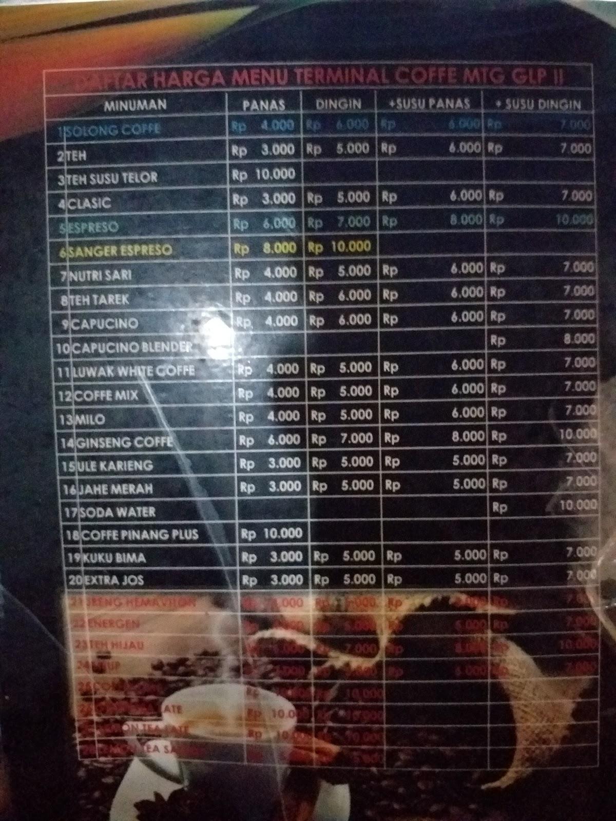 Menu at Terminal Coffee restaurant, Bireuen