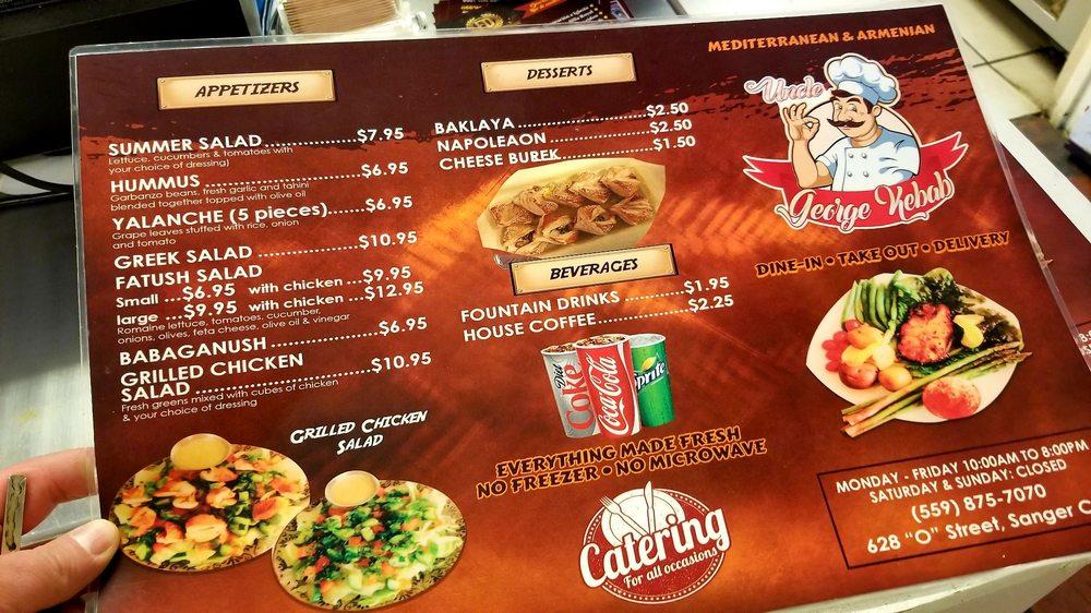Menu at Uncle George Kebab restaurant, Sanger