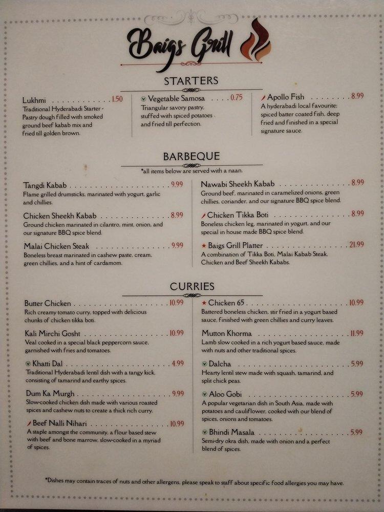 Menu at Baigs Grill (Brampton) restaurant, Brampton