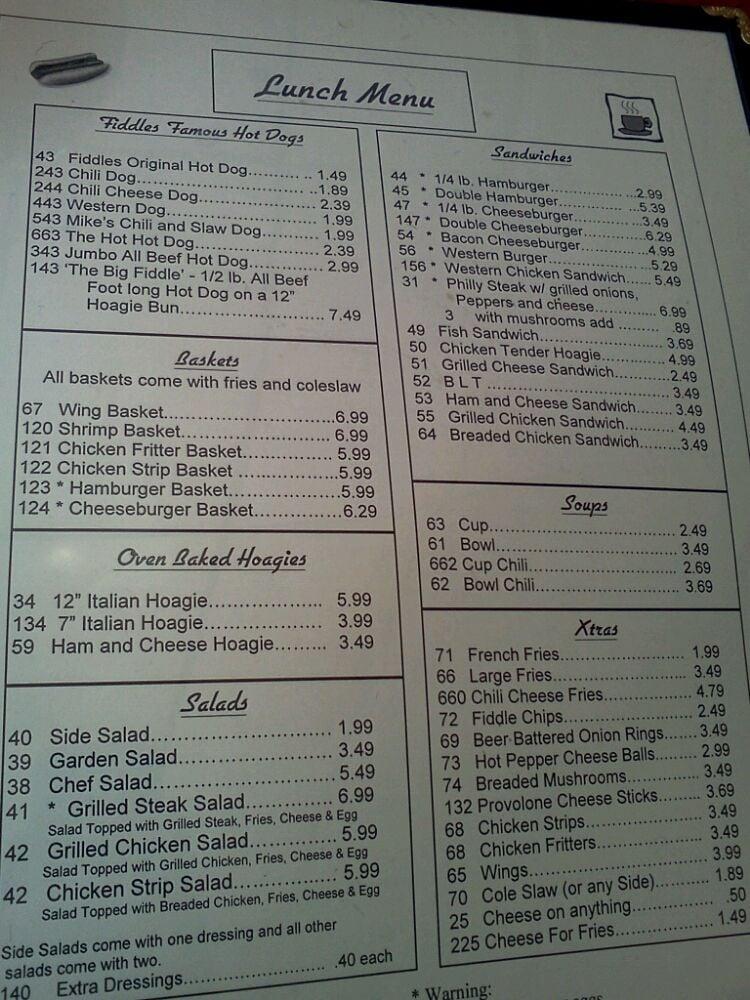 Menu at Fiddle's restaurant, Brownsville