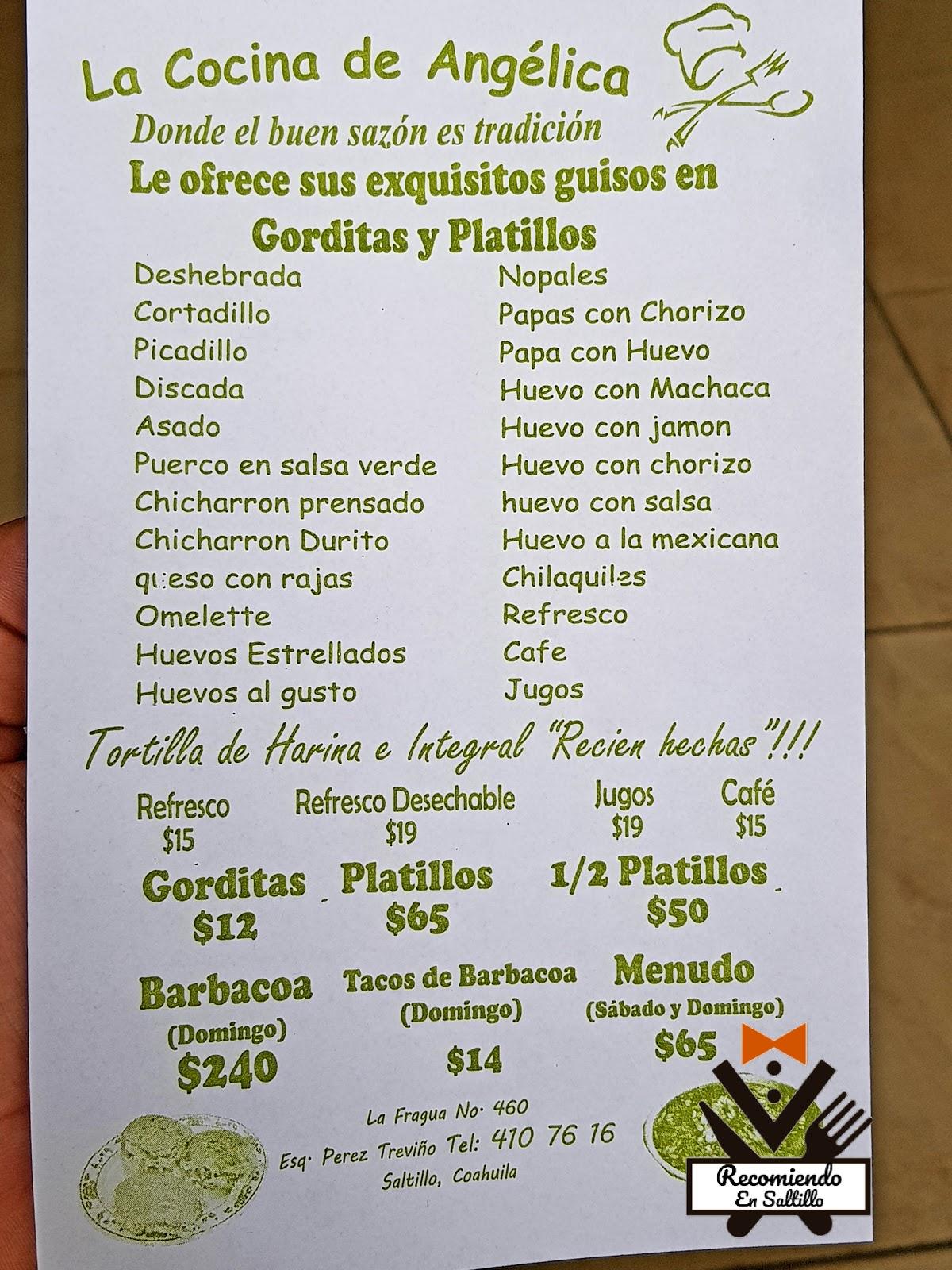 Carta del restaurante La Cocina del Angélica, Saltillo, José María ...