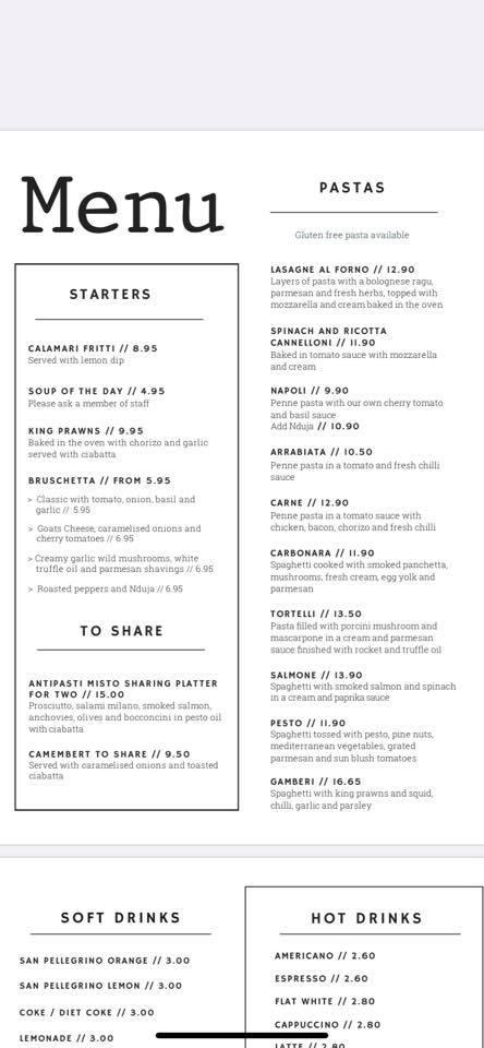Menu at Misto restaurant, Ambleside