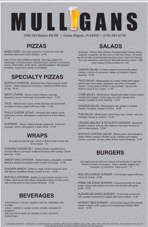 Menu at Mulligan's Pub, Cedar Rapids