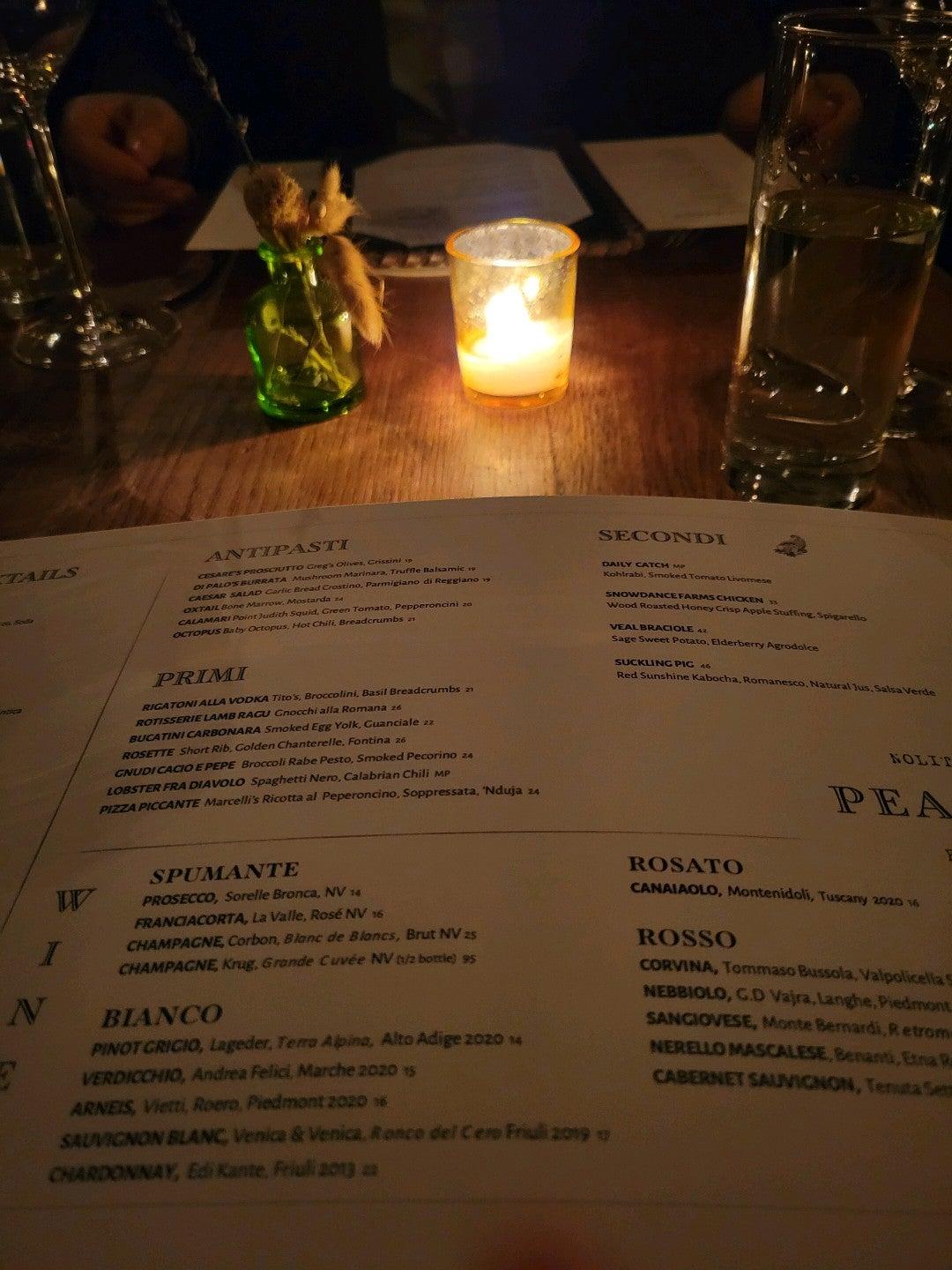 Menu at Peasant restaurant, New York City, 194 Elizabeth St