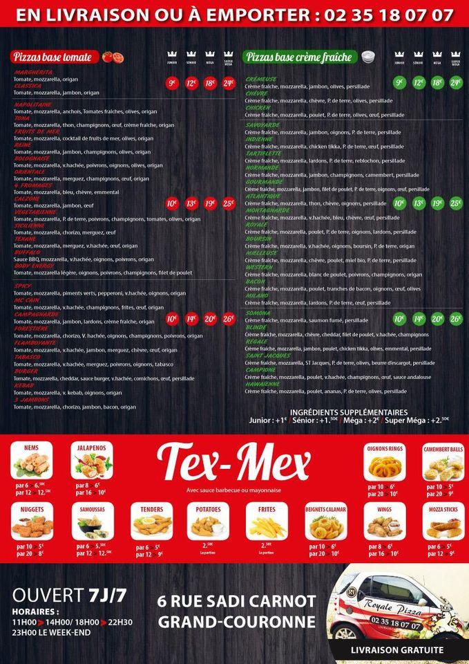 Menu au Royale Pizza pizzeria, Grand-Couronne, 6 rue Sadi Carnot