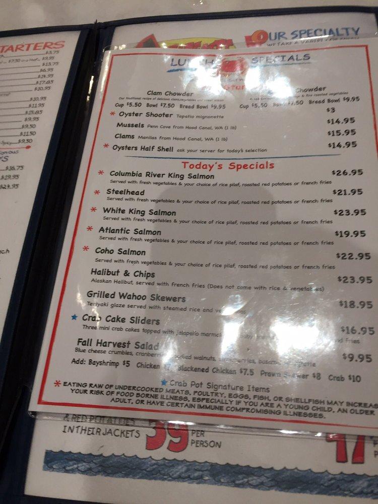 Menu at The Crab Pot Seattle restaurant, Seattle