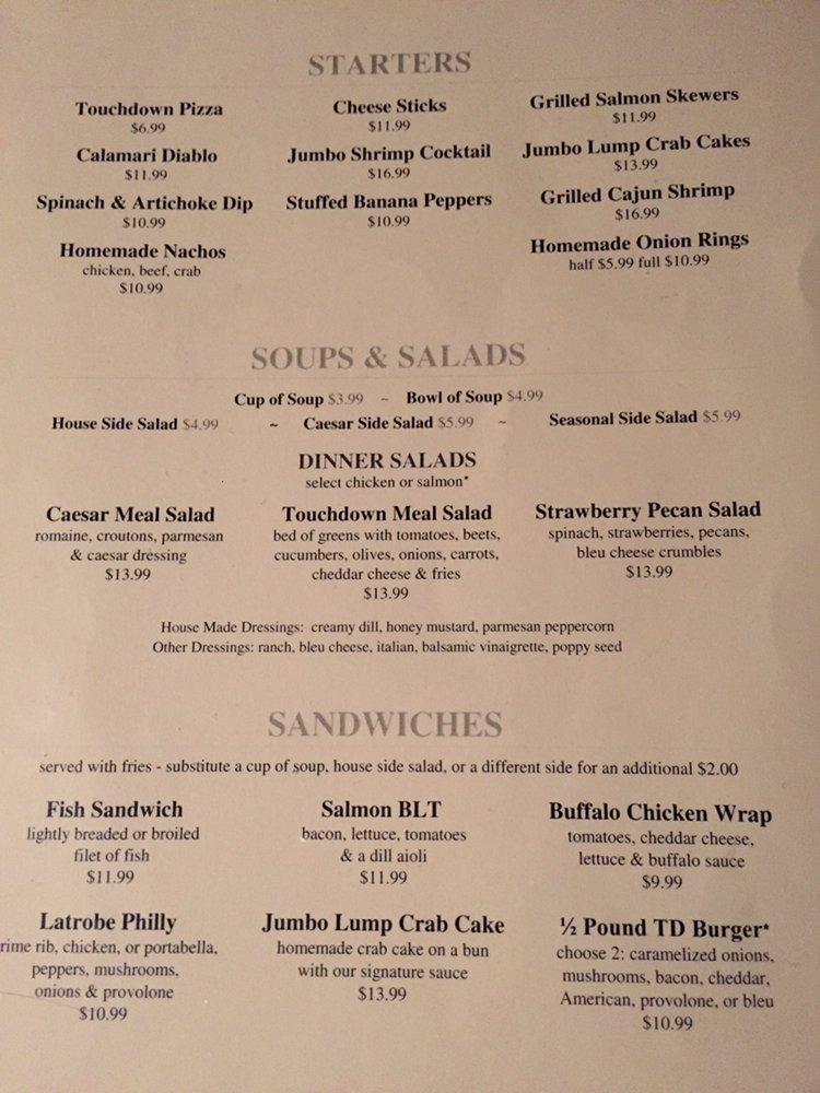 Menu at Touchdown Club II, Latrobe