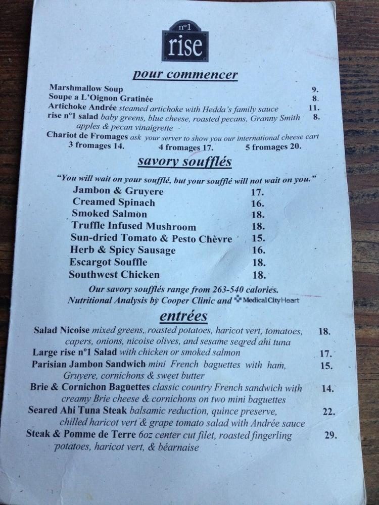 Menu at rise soufflé - Dallas pub & bar, Dallas
