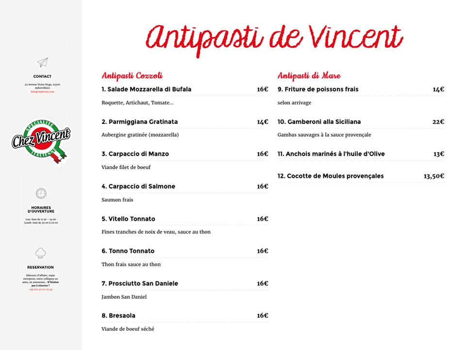 Menu at Chez Vincent (Casa Cozzoli) restaurant, Paris, 148 Bd Berthier
