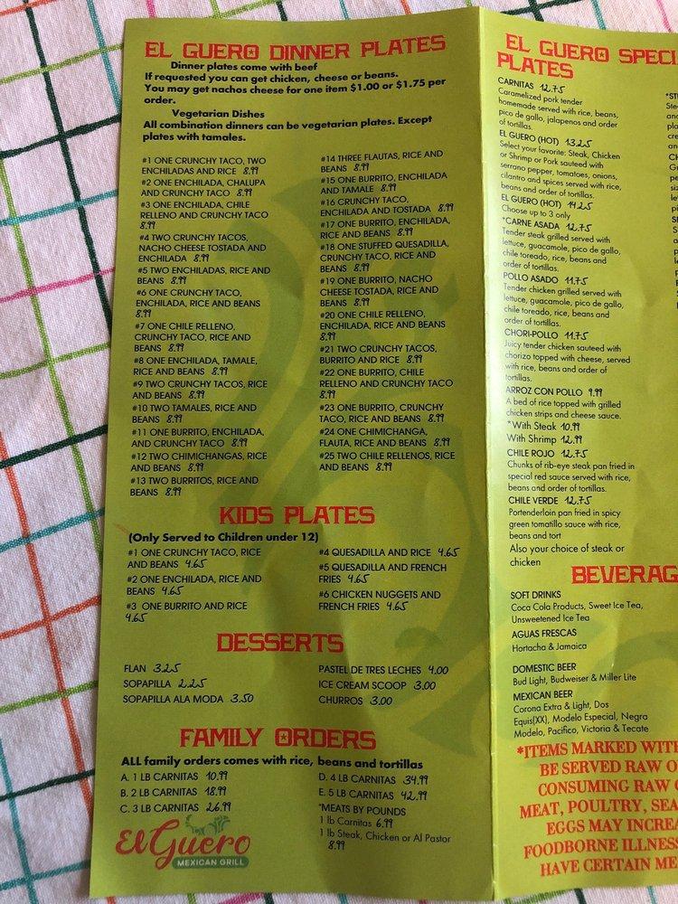 Menu at El Guero Mexican Grill restaurant, Lilburn