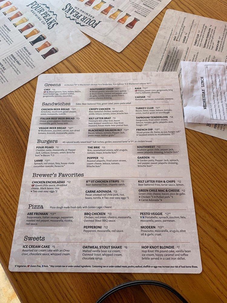 Menu at Four Peaks Brewing Company pub & bar, Tempe, E 8th St #104