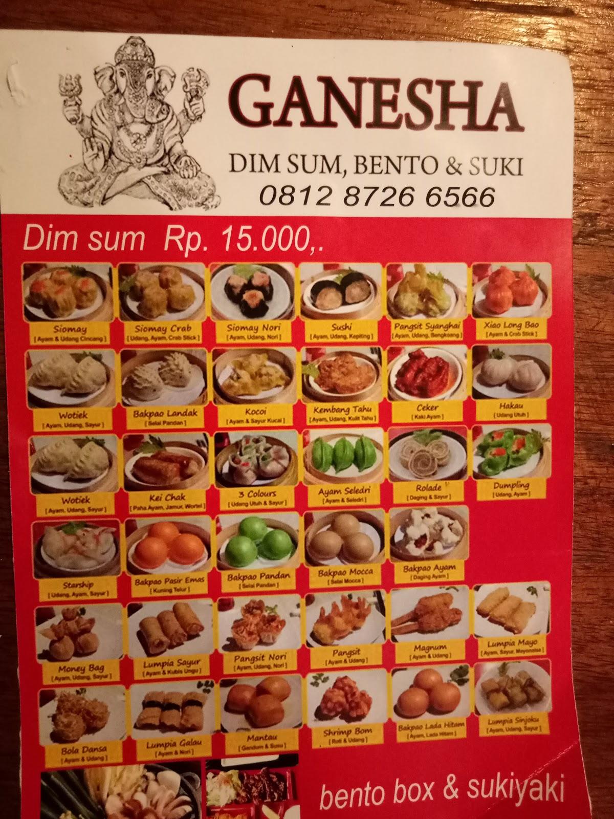 Menu at Ganesha Dim Sum restaurant, South Jakarta