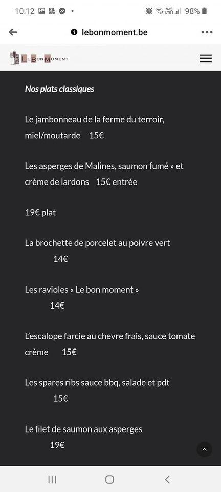 Menu at Le Bon Moment, Jodoigne, Rue du Bosquet 6F